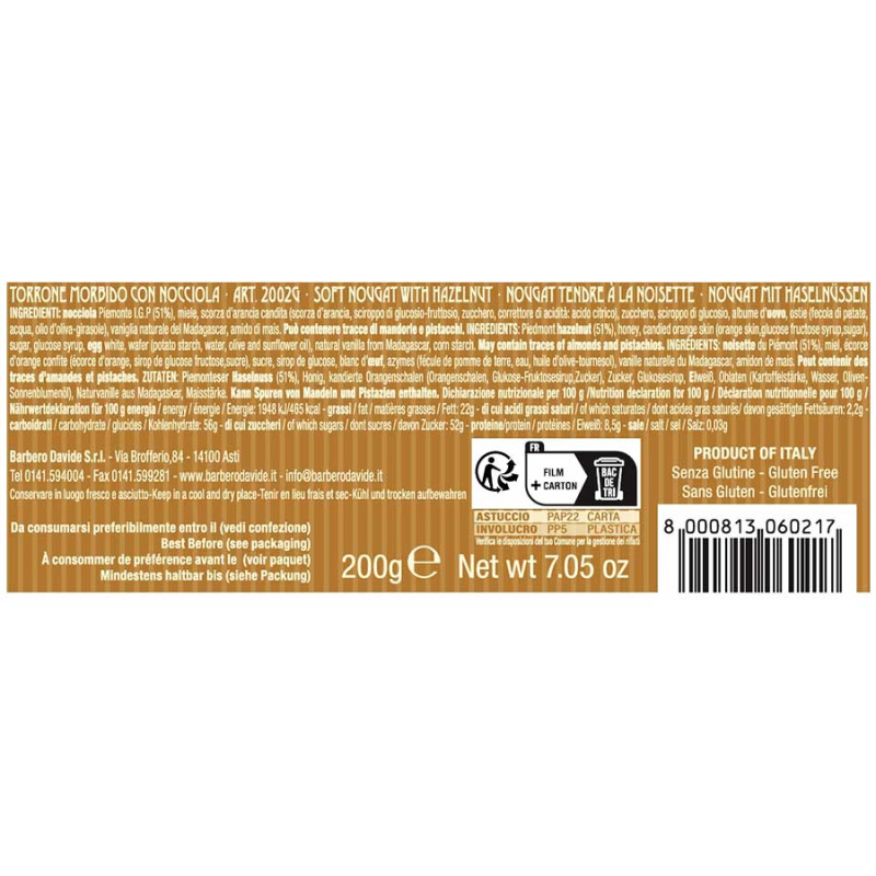 Barbero Torrone Morbido con Nocciola Piemonte IGP 200 gr