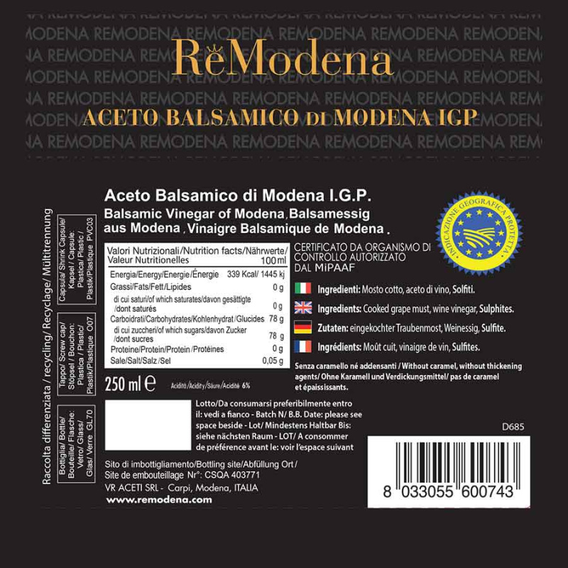 Balsamico Essig Re Modena IGP Sigillo Verde 250 ml Re Modena Vr Aceti