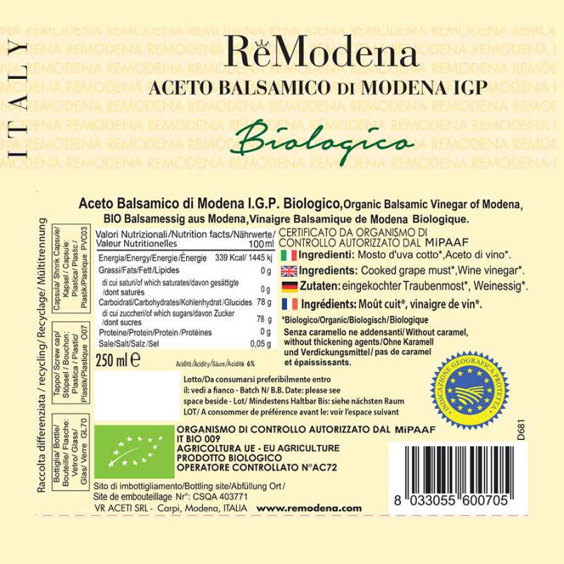 Modena IGP Bio Balsamico Essig 250 ml Re Modena Vr Aceti