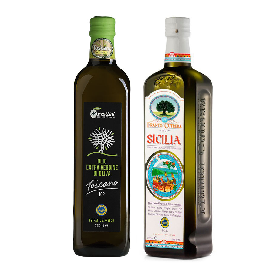 Huiles Olive Extra Vierges IGP Toscane Morettini et Sicilienne Cutrera