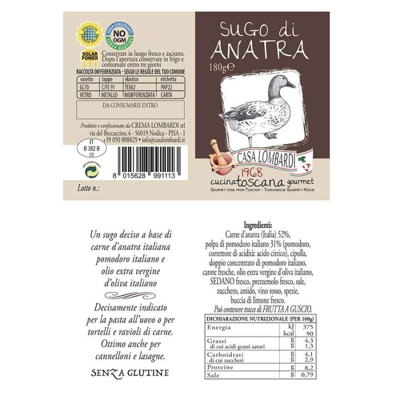 Duck Ragu Sauce for Pasta Tuscan Recipe 180 gr Casa Lombardi Tuscany