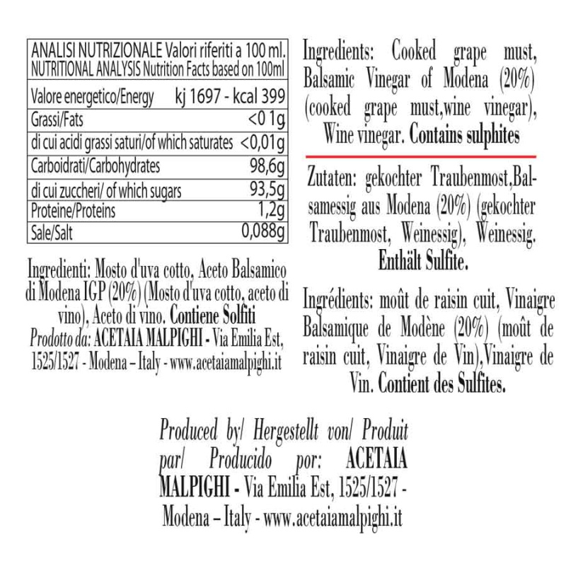Malpighi Saporoso Kondiment mit Balsamico-Essig aus Modena IGP 200 ml
