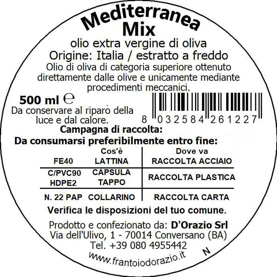 Frantoio D'Orazio Extra Virgin Olive Oil Mediterranean Line Mix 500 ml