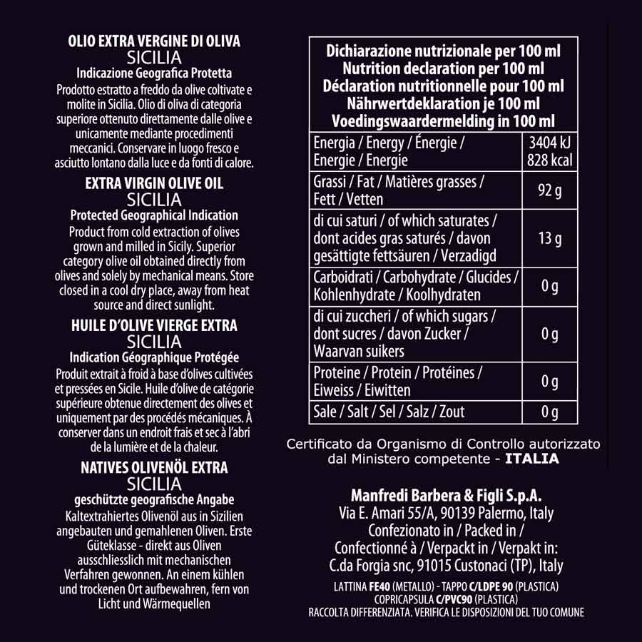 Huile d'Olive Extra Vierge Barbera Siculo IGP Sicile 500 ml