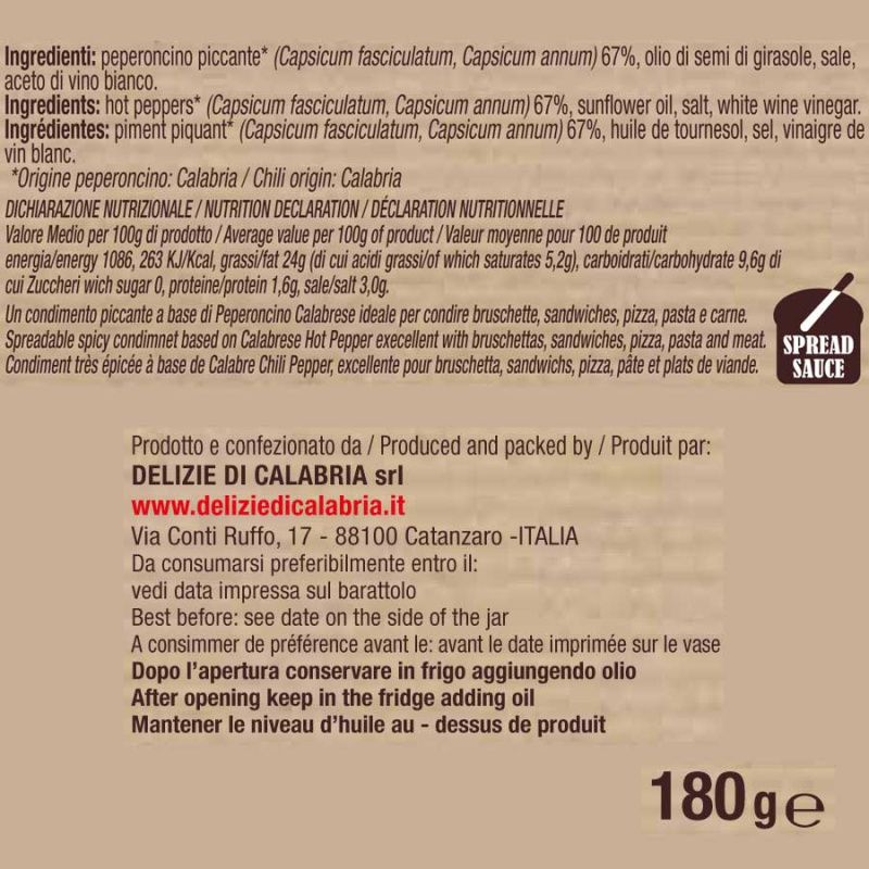 Condiment Italian Hot Chili Pepper Sauce 180 gr Delizie di Calabria