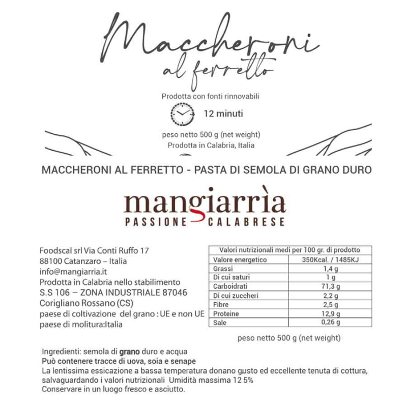 Mangiarrìa Maccheroni al Ferretto Pasta tipica Calabrese 500 gr
