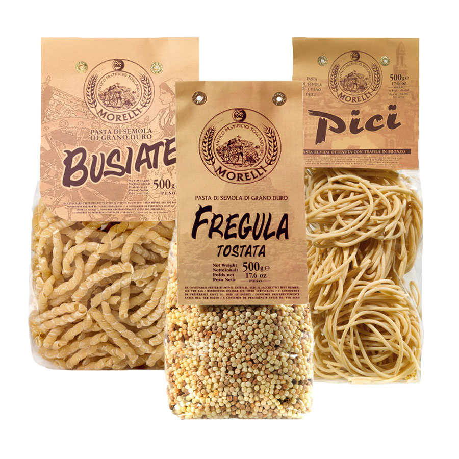 Tris Typical Regional Pasta Morelli Fregula Tostata, Pici and Busiate