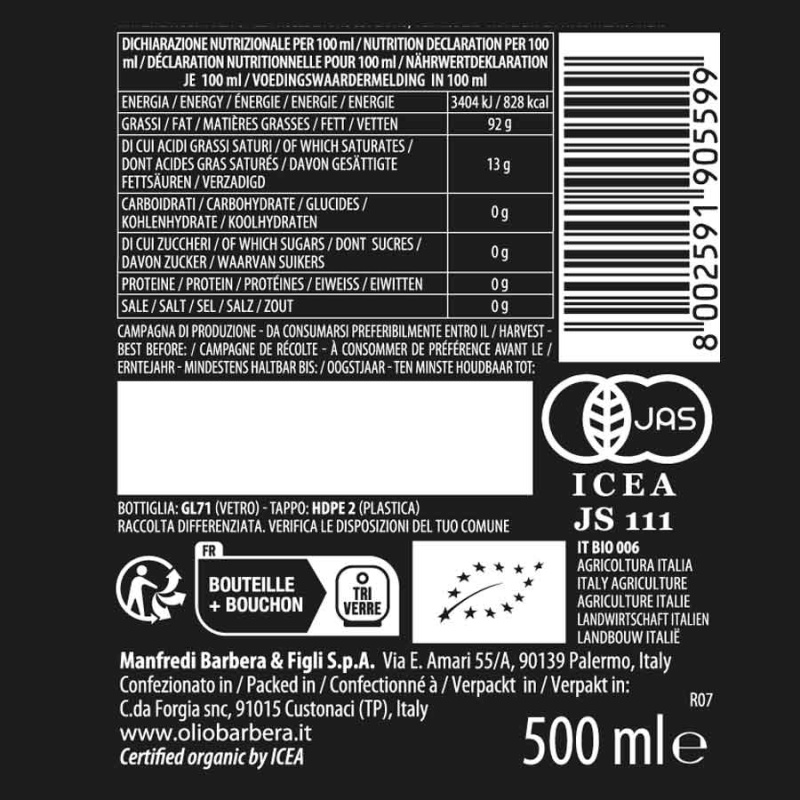 Barbera Huile Extra Vierge Bio IGP Sicile Giardini di Carlo 500ml
