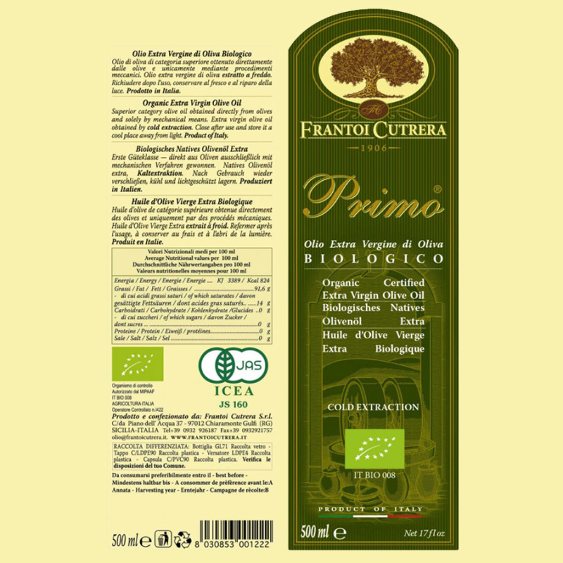 Organic Extra Virgin Olive Oil Primo Bio Cutrera 500 ml Sicily