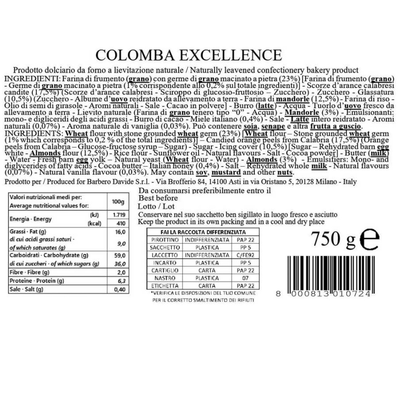 Barbero Colomba Classique avec fruits secs 750 gr