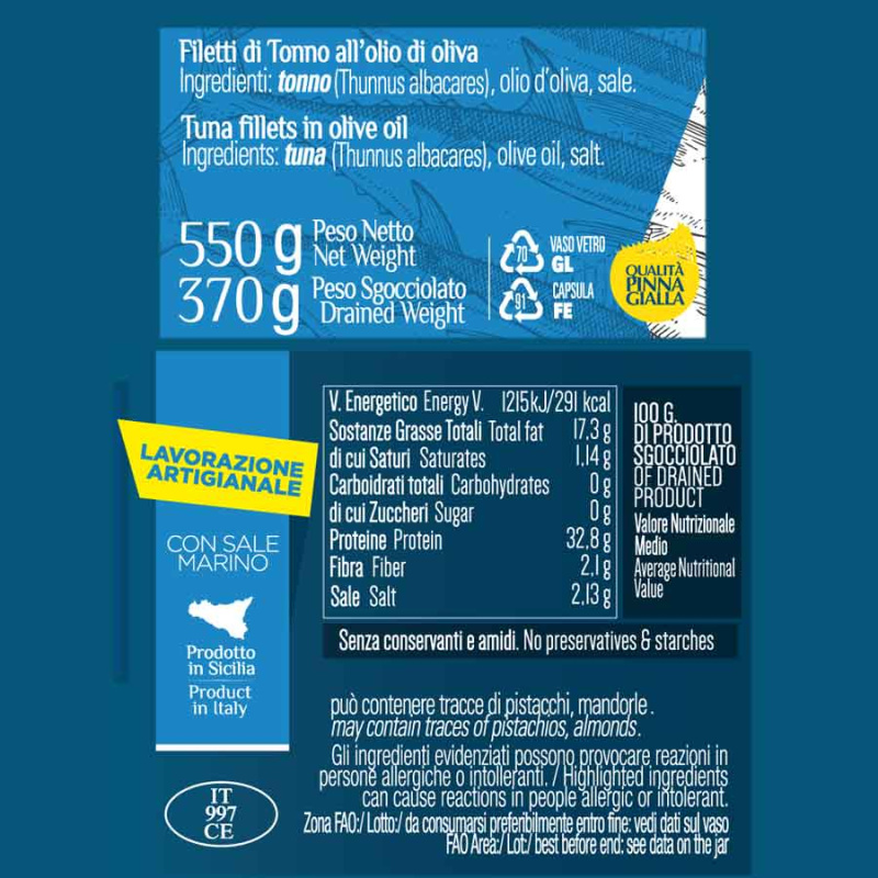 Italian Tuna fish Fillets in Olive Oil 550 gr Sebastiano Drago Sicily
