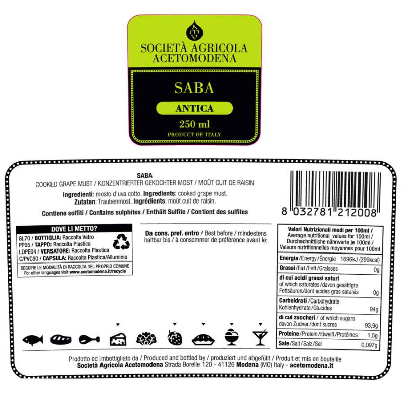 Balsamic Vinegar Saba Antica grape syrup 250 ml Acetomodena