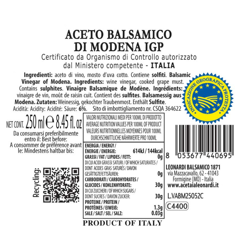 Leonardi Balsamico Essig aus Modena IGP Serie 2 Goccio 250 ml
