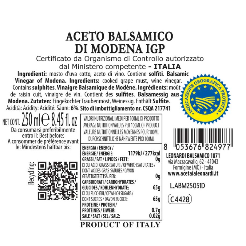 Leonardi Balsamic Vinegar of Modena IGP Serie 15 Goccio 250 ml