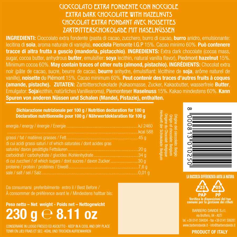 Barbero Oeuf de Pâques en chocolat noir avec noisettes entières 230 g