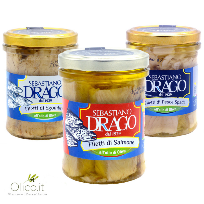 Offerta Filetti in olio d'oliva Sgombro Salmone Pesce Spada Drago