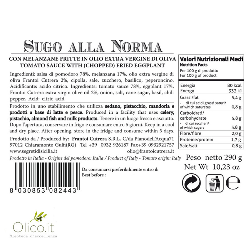 Salsa Norma con berenjena frita Cutrera Segreti di Sicilia 290 g