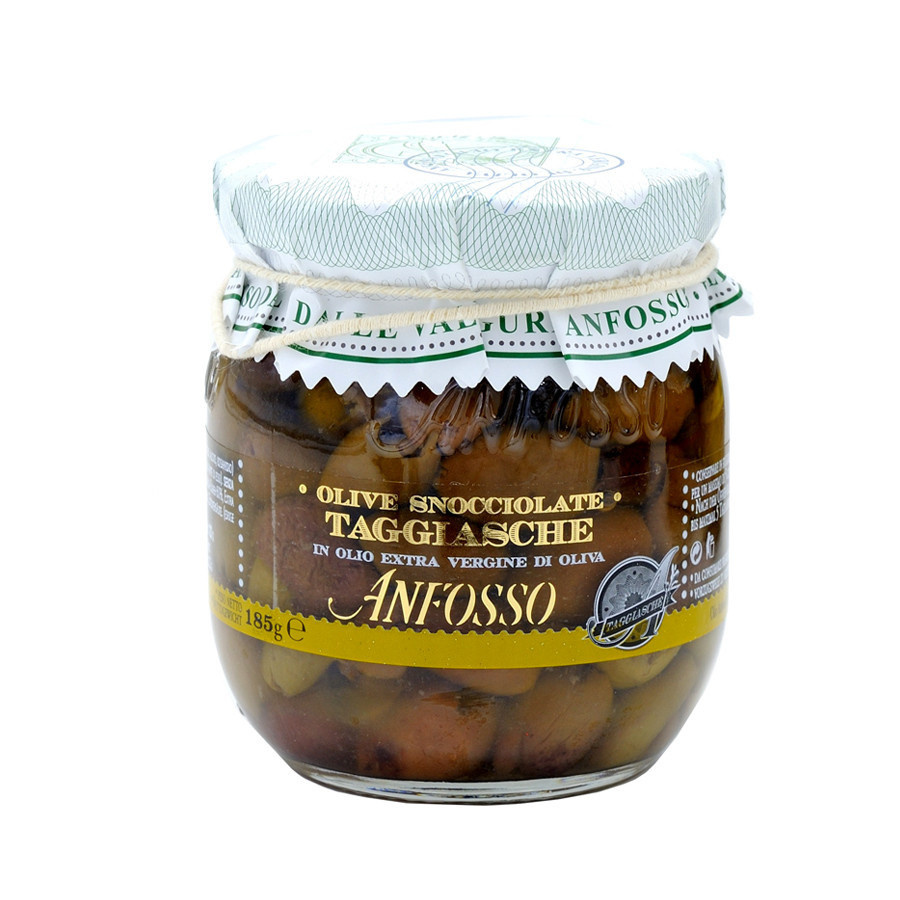Pitted Taggiasche Olives in Extra Virgin Olive Oil 185 gr Olio Anfosso
