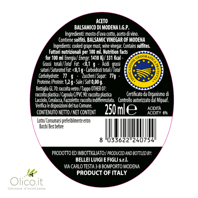 Balsamico Essig aus Modena IGP Denso 5 Scudi Oro 250 ml Acetaia Bellei