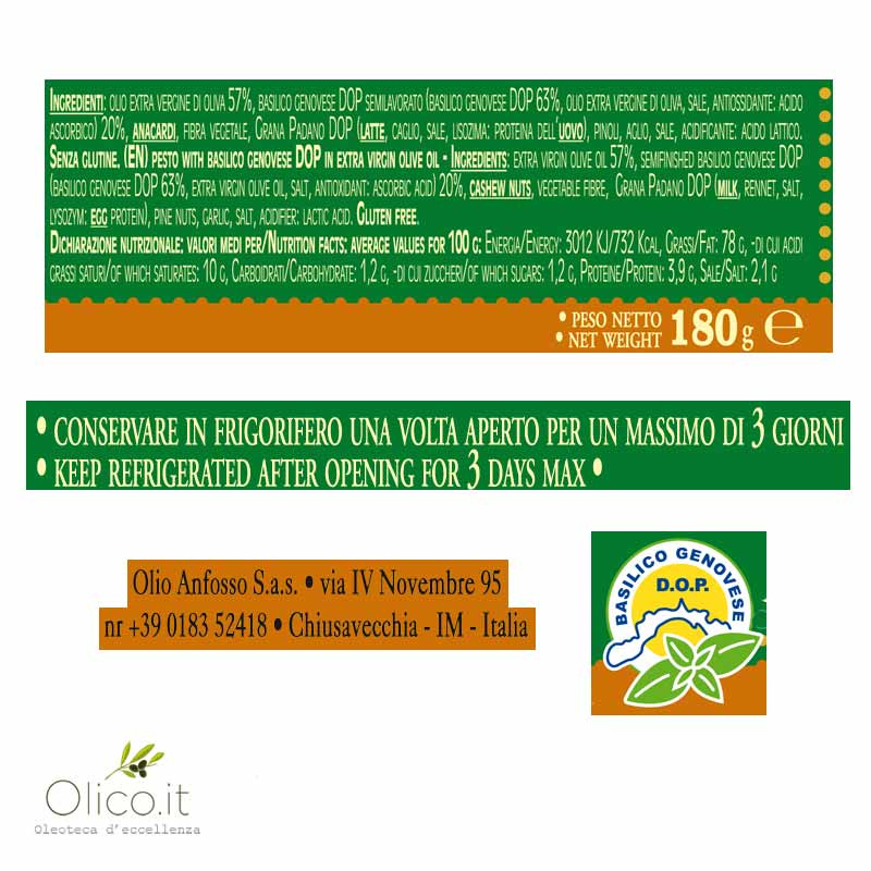 Pesto Verde con Albahaca Genovesa DOP 180 gr Olio Anfosso Liguria