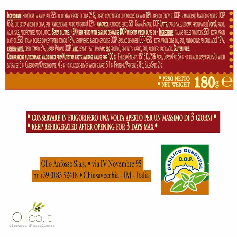 Pesto Rojo con Albahaca genovesa DOP 180 gr Olio Anfosso Liguria