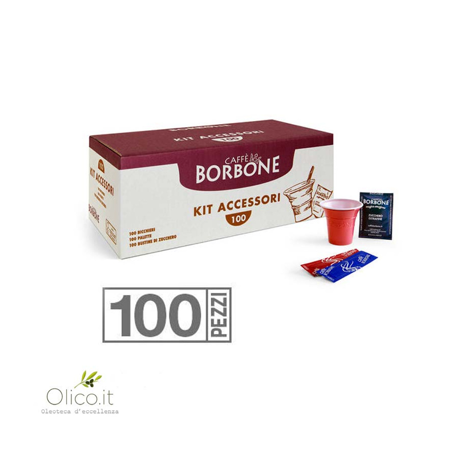 Kit 100 Pieces Cups Stirrers and Sugar Bags Caffè Borbone Italian