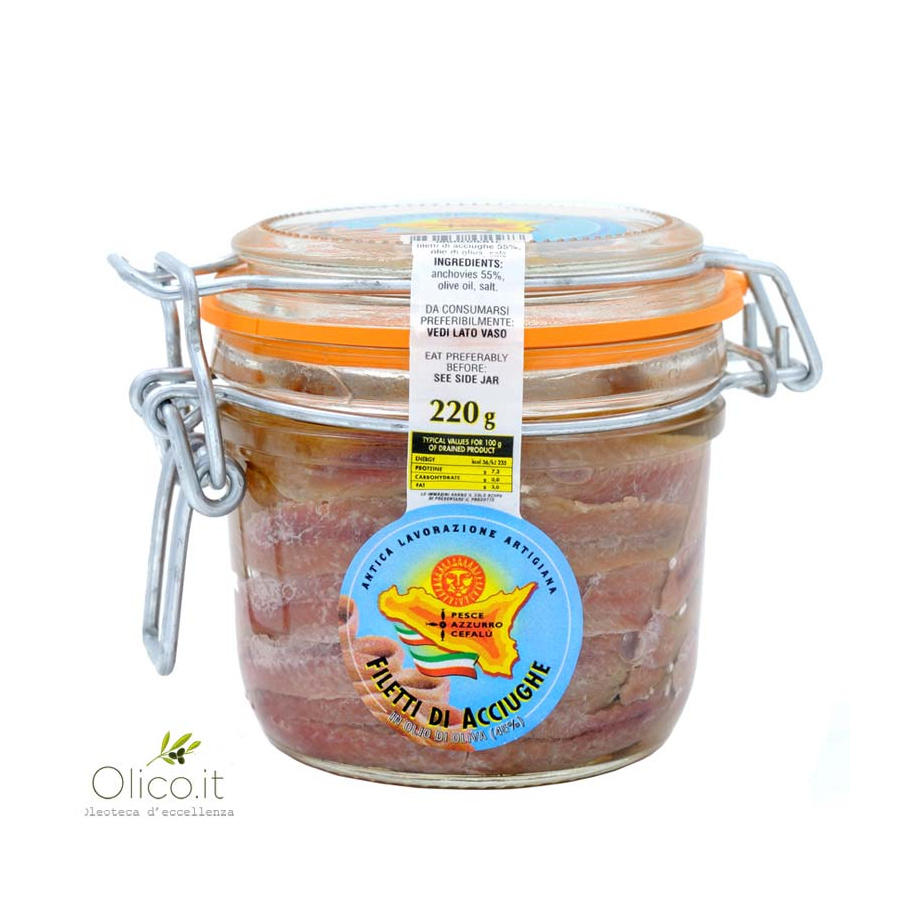 Anchovy Fillets in Olive Oil airtight Jar 220 gr Pesce Azzuro Cefalù