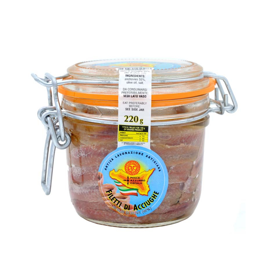 Anchovy Fillets in Olive Oil airtight Jar 220 gr Pesce Azzuro Cefalù