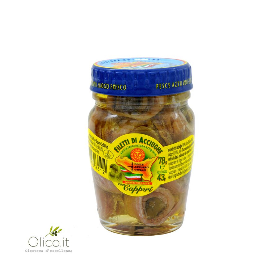Filets d'anchois enroulés avec Câpres à l'Huile d'Olive Pesce Azzurro