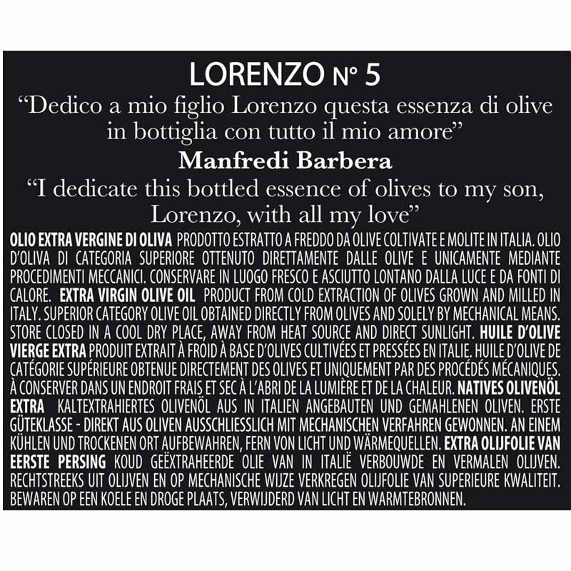 Lorenzo N° 5 Vergine Olijfolie Monocultuur Nocellara Barbera Sicilië