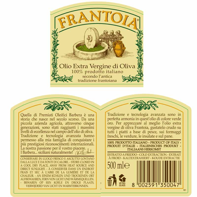 Extra Virgin Olive Oil Frantoia Bottle 500 ml Barbera Sicily