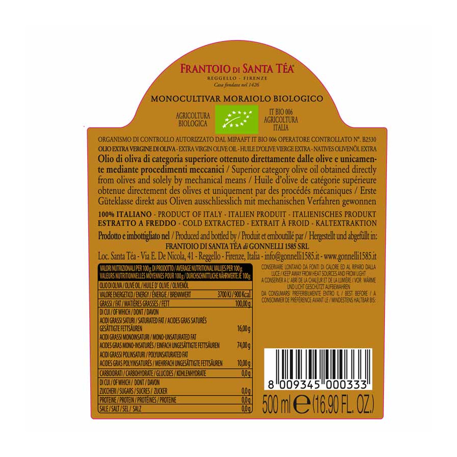 Olio Extra Vergine di Oliva intenso Monocultivar Moraiolo Gonnelli